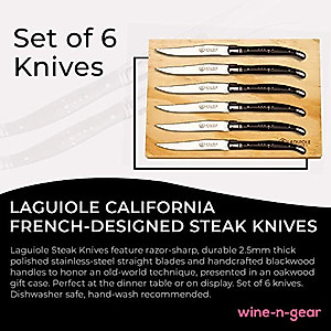 Laguiole California Steak Knives - 6 Piece Blackwood Set - Ergonomic Handles - Stored in a California Oakwood Gift Box - Extremely Sharp Straight Steel Blades are Thick Gauge, Full Tang