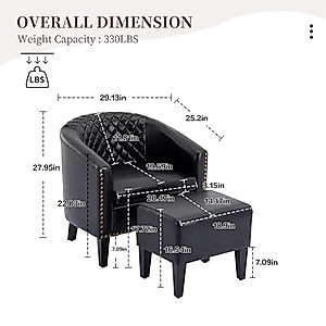 QQU Accent Sofa Chair with Ottoman, Faux Leather Modern Barrel Chair with Iron Legs and Round Arms, Upholstered Chair for Living Room, Bedroom(Black)