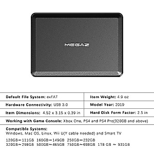 MegaZ 120GB External Hard Drive Backup Slim 2.5'' Portable HDD USB 3.0 for PC, Mac, Laptop, Chromebook, 3 Year Warranty