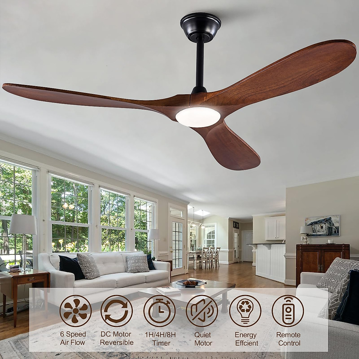 XBIBI 42 Inch Ceiling Fans with Lights and Remote,Wood Ceiling Fan with Lights,Modern Ceiling Fan Light with 3 Blade,6 Speed DC Motor Indoor Outdoor Ceiling Fan for Patio,Living Room,Bedroom