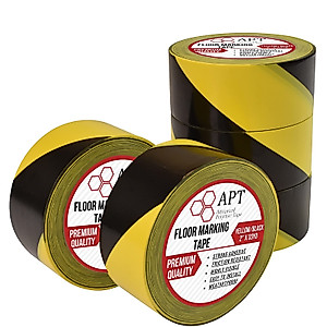 APT Premium Black and Yellow Striped Vinyl Floor Safety Marking Tape, Excellent for Hazard Caution& Warning, Social Distancing, Warehouse & Gym Floor (2 Inch, 5 Rolls, Yellow/Black)