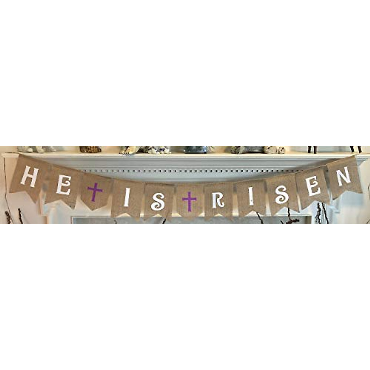 HE IS RISEN Burlap Banner - Easter Bunting Decoration with Crosses - Religious Holiday Bunting Wall Hanging - Ready to Hang Church Prop Decorations by Jolly Jon