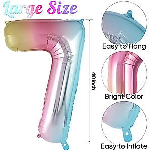 Rainbow Gradient Number 7 Balloon, 40 Inch Big Large Foil Number Balloons, Giant Mylar Number 7 Balloons for 7 Year Old Birthday Party Decorations Supplies Anniversary Celebration