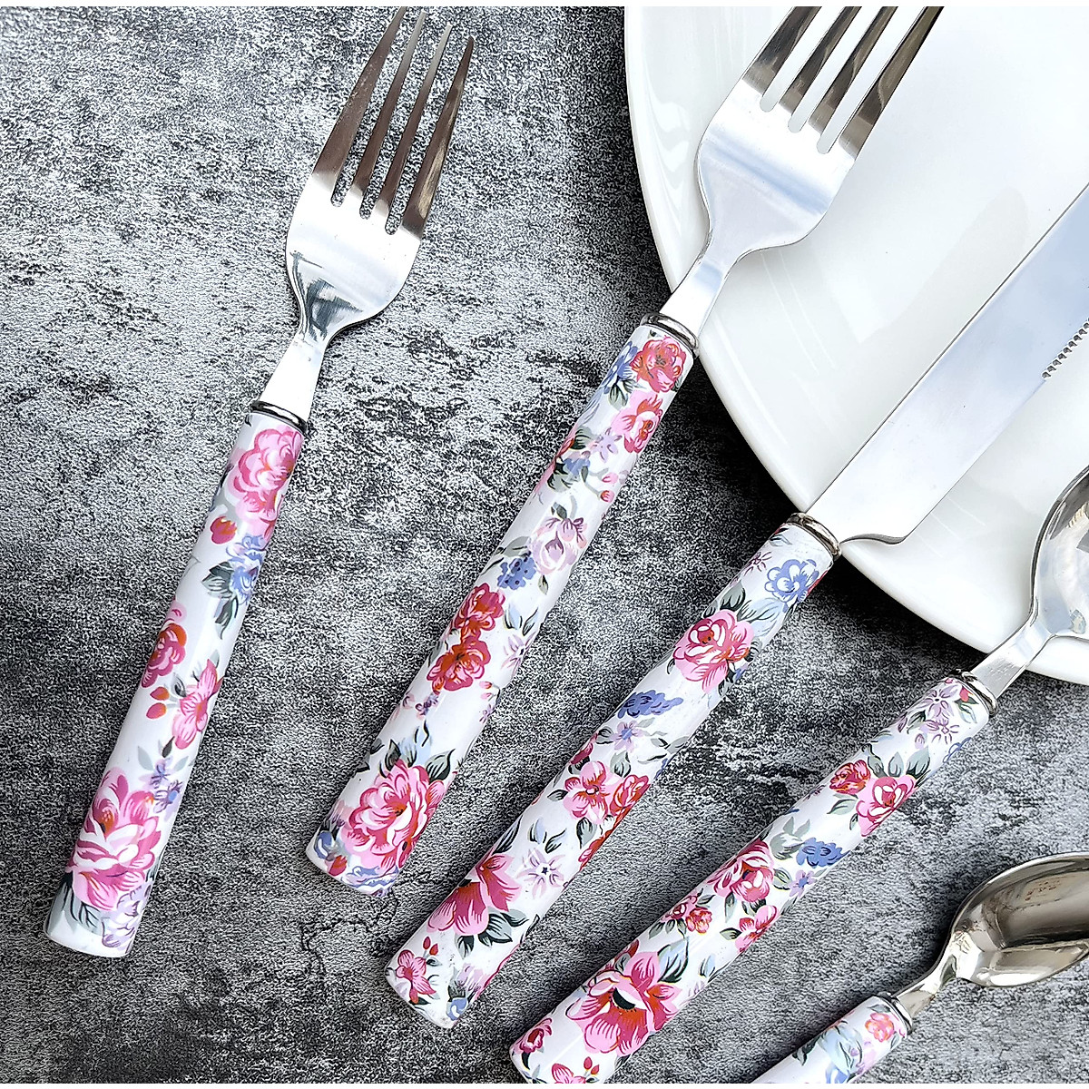 Elegant Peony Flower 20-Piece Flatware Set, Service for 4, Stainless Steel Cutlery Silverware Set for Home Wedding