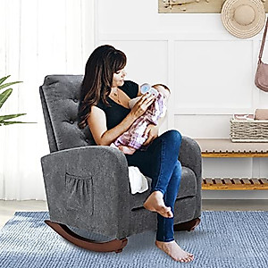 cinkehome Modern Accent Rocking Nursery Chair-Upholstered Rocker Glider Chair for Baby and Kids-Mid Century Tall Back Armchair with Solid Wood Legs-Living Room-Bedroom-Cotton Dark Gray