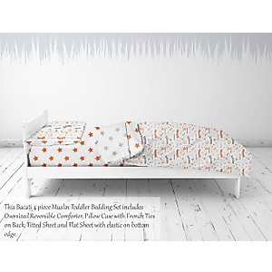 Bacati - Muslin 4 Piece Boys Toddler Bedding Set 100 Percent Cotton Includes Reversible Comforter, Fitted Sheet, Flat Sheet, and Pillow Case (Basketball Orange/Grey)