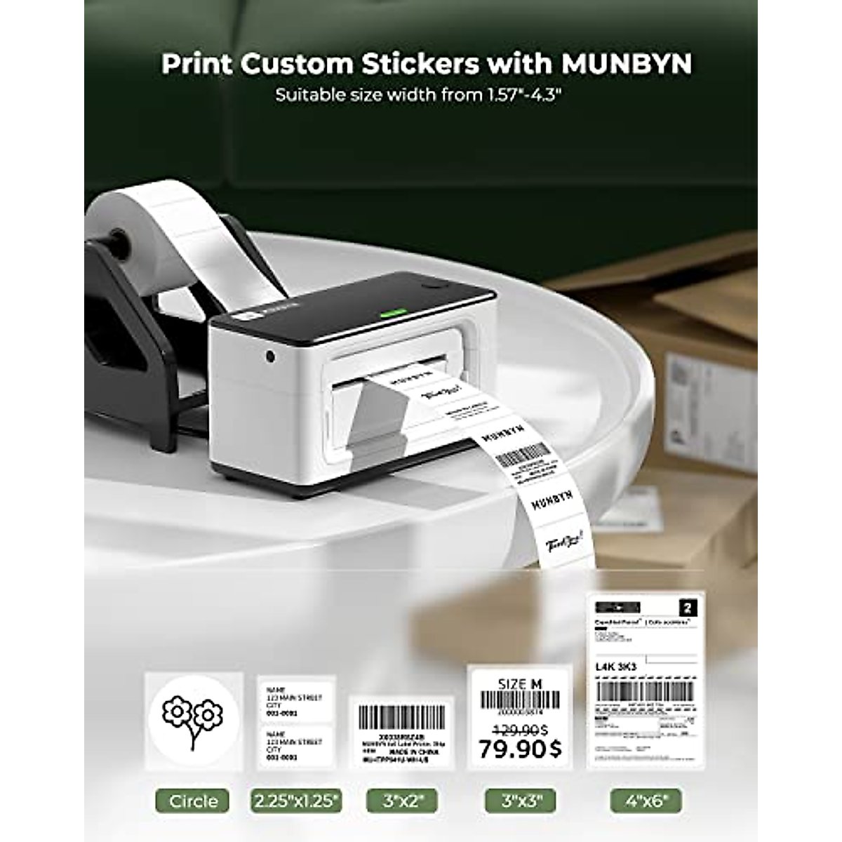 MUNBYN Shipping Label Printer, 4x6 Label Printer for Shipping Packages, USB Thermal Printer for Shipping Labels Home Small Business, with Software for Instant Conversion from 8x11 to 4x6 Labels