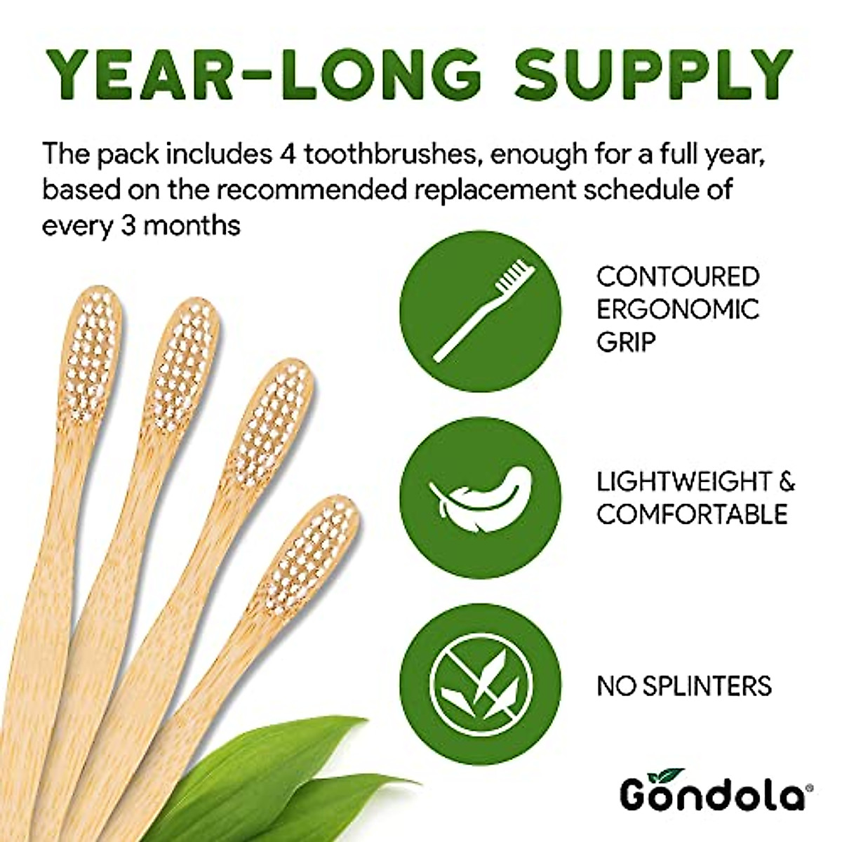 Gondola Adults Bamboo Toothbrushes- Eco Friendly Wooden Toothbrushes with Soft Bristles & Smooth Bamboo Handles - Biodegradable & Zero Waste Packaging-4 Pack