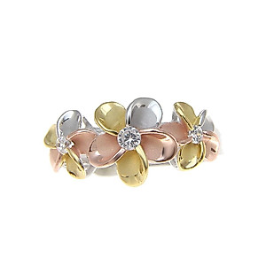 Arthur's Jewelry 925 sterling silver Hawaiian yellow pink rose gold rhodium tricolor plated 3 plumeria flower cz ring size 9.5