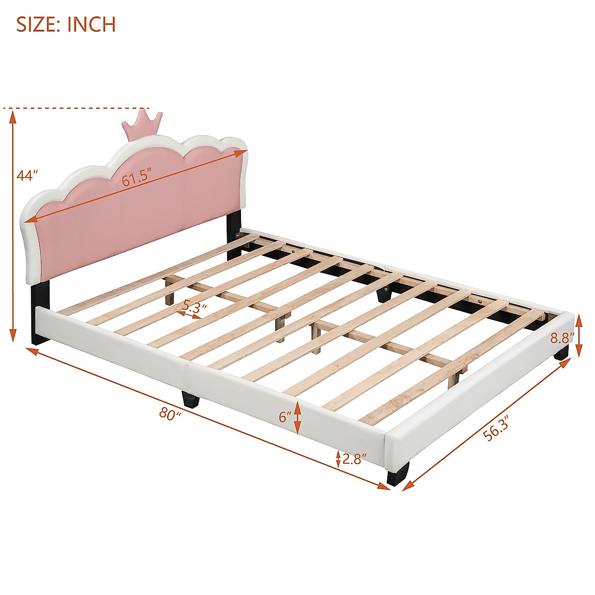 Upholstered Platform Bed, Pink Cute Cartoon Elements Princess Bed Fun Bed, Wood Full Size Bed Frame with Crown Shaped Headboard, Kids Bedroom Furniture Cute Bed Upholstered Bed