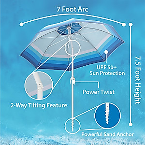 Body Glove Beach Umbrella - 7 Ft Heavy Duty Portable Beach Umbrellas for Sand & Sun UPF 50+ Protection, Sand Anchor for Strong Stability - Large Vented Umbrella + 2-Way Tilt System (Sunrise Stripe)