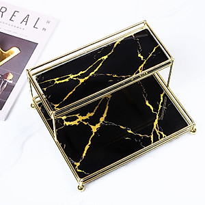 Simmer Stone Makeup Organizer Shelf, 2-Tier Cosmetic Storage Basket with Glass Tray, Wire Vanity Organizer Rack for Bathroom, Countertop, Dresser and More, Medium Size