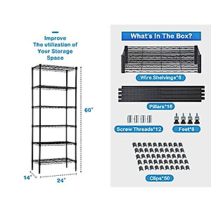 6-Tier Wire Shelving Metal Storage Rack, Adjustable Shelving Unit Free Standing Storage Shelf with Leveling Feet, 24"Lx14"Wx60"H Storage Shelves Organizer Unit for Office Studio Plant Craft, Black