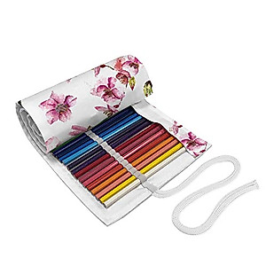 Ambesonne Cherry Blossom Roll Up Pencil Holder, Watercolor Style Oriental Pattern with Sakura Branch, Painting Drawing Pencils Case for Artists Students, 72 Loops, Hot Pink Green Brown