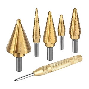KOWOOD HSS Step Drill Bit Set & Automatic Center Punch 4 Pcs Set with Titanium Coated