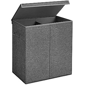 SONGMICS 37.5 Gal. Foldable Laundry Basket with 2 Compartments, Magnetic Lid and Handles, Removable Liner Bag, Dark Gray