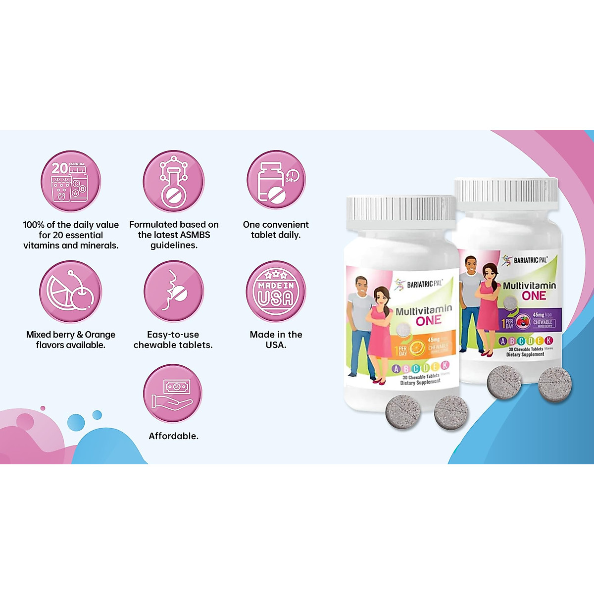 BariatricPal Multivitamin ONE 1 per Day! Bariatric Multivitamin Chewable with 45mg Iron - Mixed Berry (30 Count)