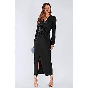 PRETTYGARDEN Women's Fall Fashion 2023 Long Puff Sleeve Maxi Dresses V Neck Twist Front Formal Dress with Slit (Black,Medium)