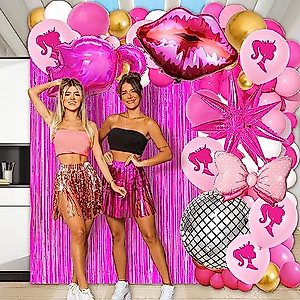 Hot Pink Party Decorations Pink Balloon Garland Arch Kit Pink Princess Girl Bow Balloons Hot Pink Rose Red Light Pink Matte White Balloons Silver Disco Ball Pink Foil Fringe Backdrop