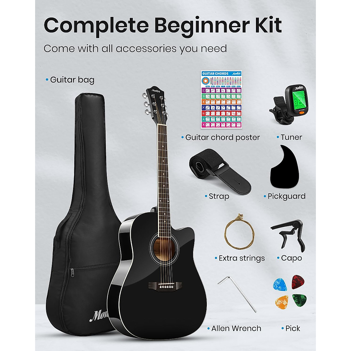 Moukey 41" Acoustic Guitar for Beginners Adult Teen Full Size Guitarra Acustica with Chord Poster, Gig Bag, Tuner,Steel Strings, Capo, Strap - Black