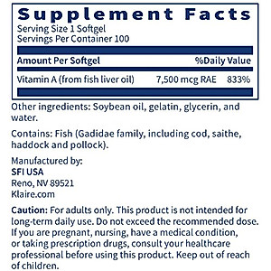 Klaire Labs Vitamin A - High Potency 25000 IU Dose (7,500mcg RAE) from Fish Liver Oil, Preformed Retinol Form (100 Softgels)