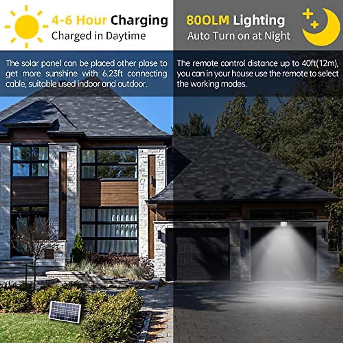 WAWUI Solar LED Flood Lights Outdoor with Remote 80W Solar Security Flood Lights Dusk to Dawn IP65 Waterproof 800 LM 6500K Solar Powered Flood Lights for Garden, Garage, Pathway, Deck