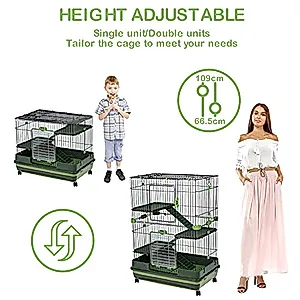 4-Tier Animal Metal Cage Small Cat Cage Height Adjustable Rabbits Cage with Lockable Casters, Pull-Out Tray Fits Rabbits, Chinchillas, Ferrets, Guinea Pigs, Squirrels, Hedgehogs (Green)