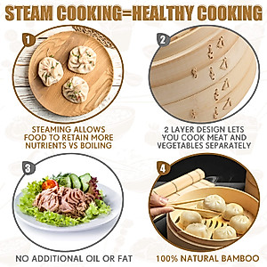 2 Tier Bamboo Steamer Basket Set Including Stainless Steel Steamer Ring Dumpling Maker Mold and Cutter Meat Spoon 2 Pairs Bamboo Chopsticks 2 Pcs Sauce Dish 50 Pcs Paper Liners for Kitchen (10 Inch)