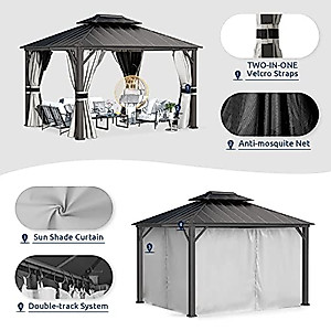 UDPATIO 10' x 12' Hardtop Gazebo, Galvanized Steel Double Roof Permanent Aluminum Gazebo, Outdoor Metal Pergolas with Mosquito Netting and Curtains for Garden, Parties, Patio, Deck, Lawns, Grey