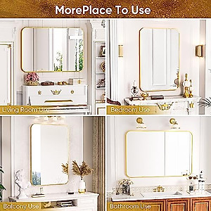 Antok Rounded Bathroom Mirror, 20" x 28" Rectangular Wall Mirror, Aluminum Alloy Frame Contemporary Hanging Mirror for Living Room Bedroom Bathroom Entryway, Gold