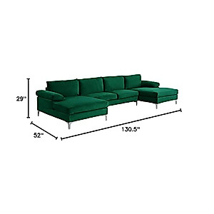 Sofamania Modern Large Velvet Fabric U-Shape Sectional Sofa, Double Extra Wide Chaise Lounge Couch, Green