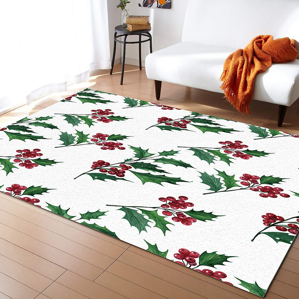 Area Rug Absorbent Non-Slip Rectangle Rug Christmas Holly and Berries Rugs for Living Room Bedroom Kitchen Entryway, Soft Floor Mat Indoor Carpet Accent Rugs 2x3 Feet