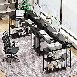 SUPERJARE 53 Inch L Shaped Desk with LED Lights & Power Outlets, Reversible Computer Desk with Shelves & Drawer, Corner Desk Home Office Desk, Black