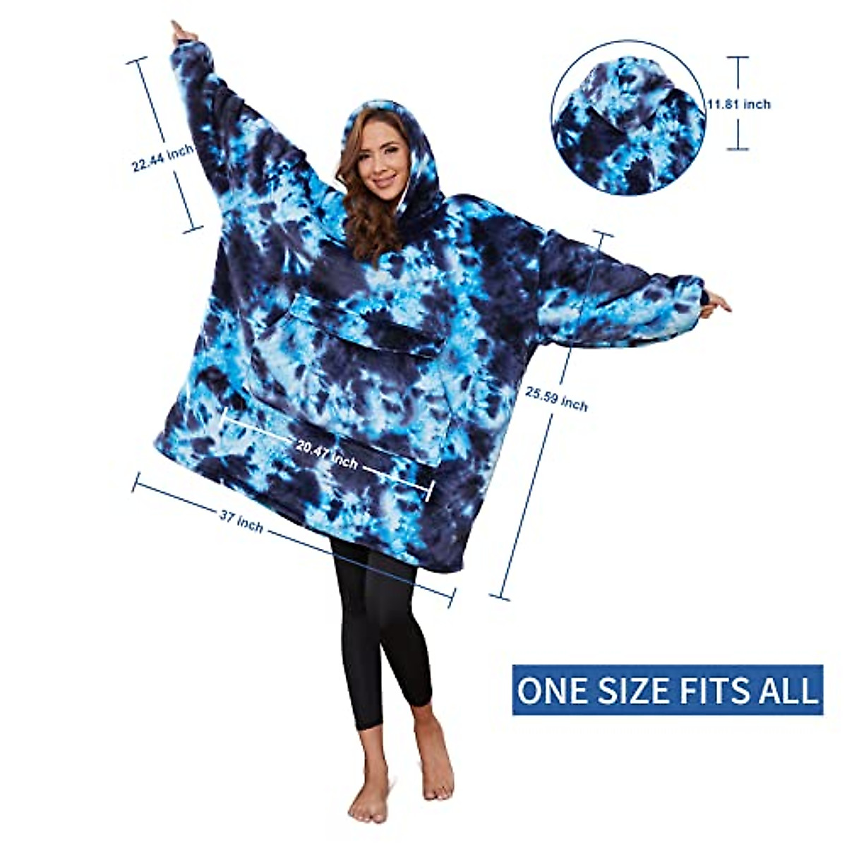 Esran Wearable Blanket Hoodie Sweatshirt for Women and Men with Sleeves and Big Pockets Super Warm One Size Fits All(Dark Blue Tie-dye)