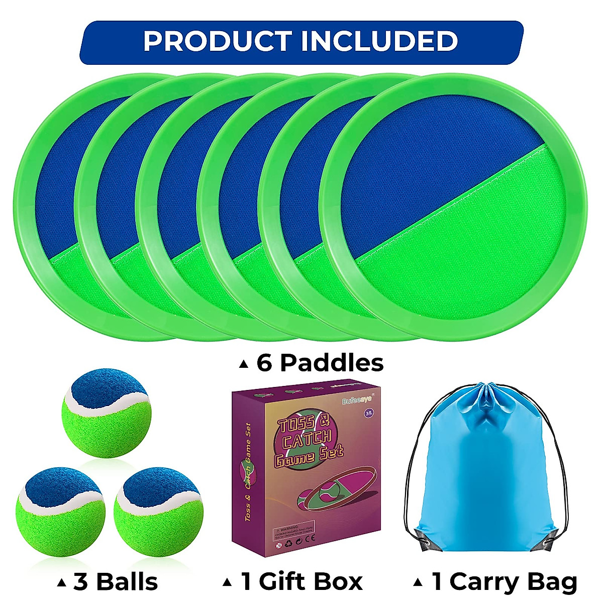 Bufeeaye Beach Toys - Toss and Catch Ball Set, Pool Games Pool Toys for Kids and Adults with 6 Paddles and 3 Balls Toys for 3 4 5 6 7 8 Year Old Boys Girls Birthday Easter Gift