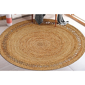 Bedding Craft Hand Woven Farmhouse Jute Area Rug 4 Ft Round Natural Yarn, Rustic Vintage Beige Braided Reversible Rug, Eco Friendly Rugs for Bedroom, Kitchen, Living Room, Farmhouse 100% Jute Rug