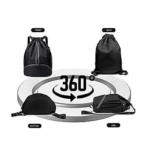 SENIKO Drawstring Backpack,String Swim Gym Bag with Shoes Compartment and Wet Proof Pocket for Women Men Sports Travel (Black)