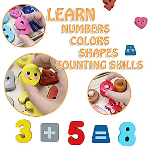 QZMTOY Wooden Montessori Toys for Kids, Toddler Number Puzzles Sorter Counting Shape Stacker Stacking Game Preschool Toys for Boy Girl Learning Education Math Blocks Chunky Puzzles Gift for Toddlers