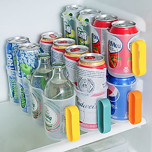 Portable Soda Can Organizer for Refrigerator Shelves,4 compartment beverage storage box， Beer Can Racks,fruit juice drinks，canned food dispenser Refrigerator Storage Sliding Rack