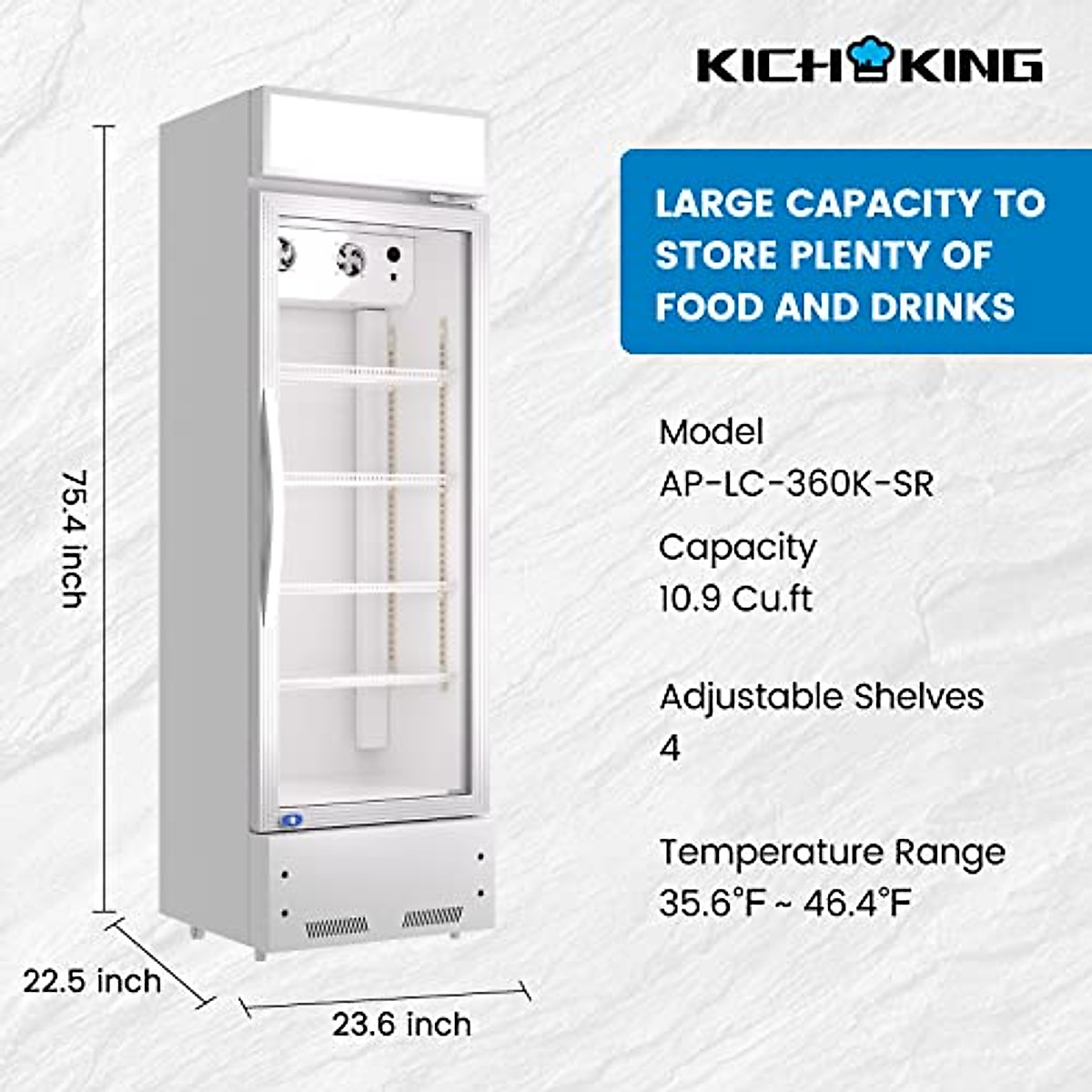 KICHKING 10.9 Cu.ft Merchandiser Refrigerator, 35~46℉, 23.6" W Glass Door Upright Display Refrigerator, Light Box Beverage Cooler, LED Lighting, Drink Fridge-Silver, for Restaurant Grocery Stores