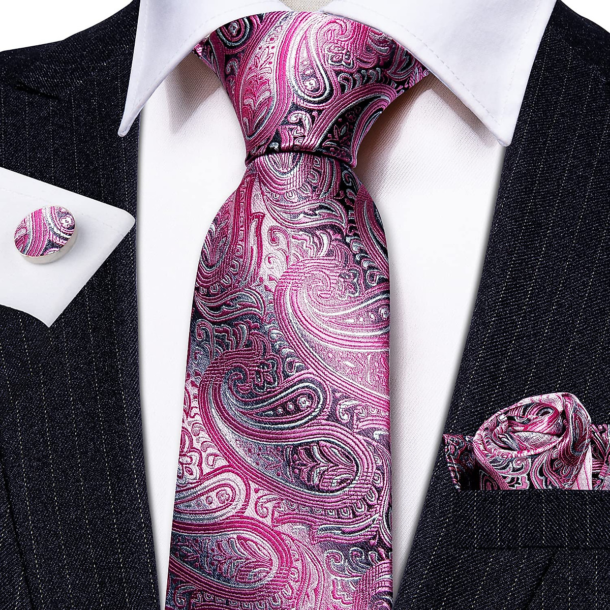 Barry.Wang Men Tie Set Paisley Pink Black Silk Necktie Pocket Square Cufflinks Formal Wedding Party Business