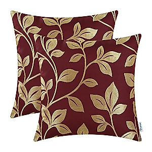 CaliTime Throw Pillow Covers Pack of 2 Cute Growing Leaves Cushion Cases Shells for Couch Sofa Home Decoration 18 X 18 Inches Burgundy/Gold