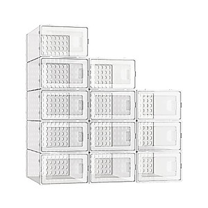 Fixwal 12 Pack Shoe Storage Box Shoe Organizer Boxes Clear Stackable Plastic Shoe Boxes with Lids, Shoe Organizer for Closet Sneaker Storage Bins Holders, Shoe Display Case （13×9.5×6.2 Inch）
