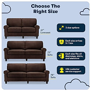 Serta Copenhagen Rolled Arm Sofa, Easy Care Polyester, Soft Pillow Back, Pocket Coil Seat Cushions, Removable Covers, Couch for Small Spaces, Living Rooms or Bedrooms, 61" Loveseat, Brown