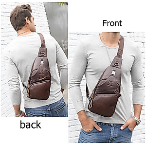 BULLCAPTAIN Men Genuine Leather Sling Bag Backpack Multi-pocket Chest Bag Outdoor Hiking Travel Daypack (Coffee)