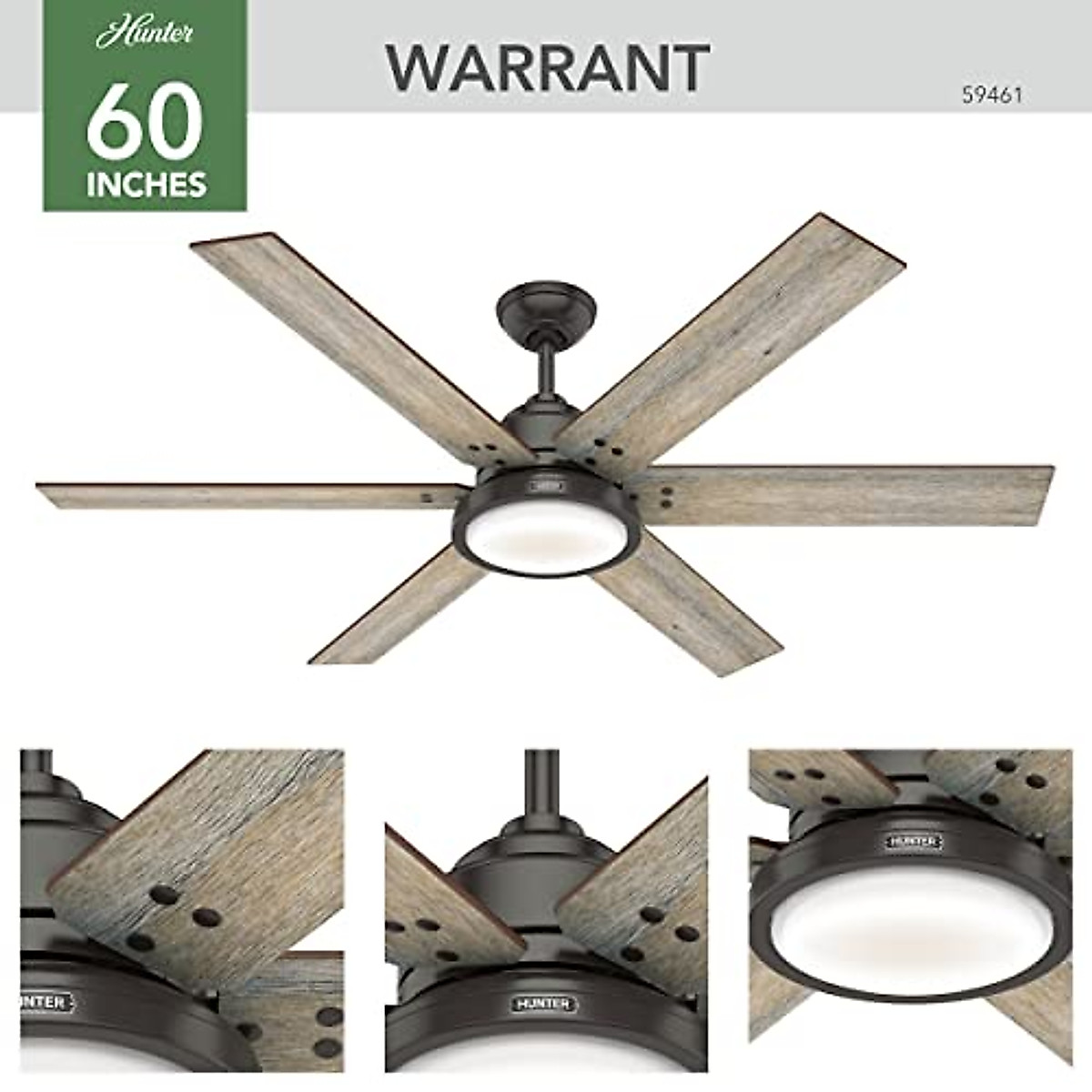 Hunter Fan Company 59461 Warrant 60 Inch Multiple Speed Ceiling Fan with LED Light, Remote Control, and Reversible Blades, Noble Bronze Finish