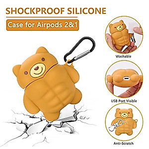 AirPods Case Cute Muscle Bear Design with Keychain Soft Silicone Protective Cover Compatiable with AirPods 1st & 2nd Generation Case