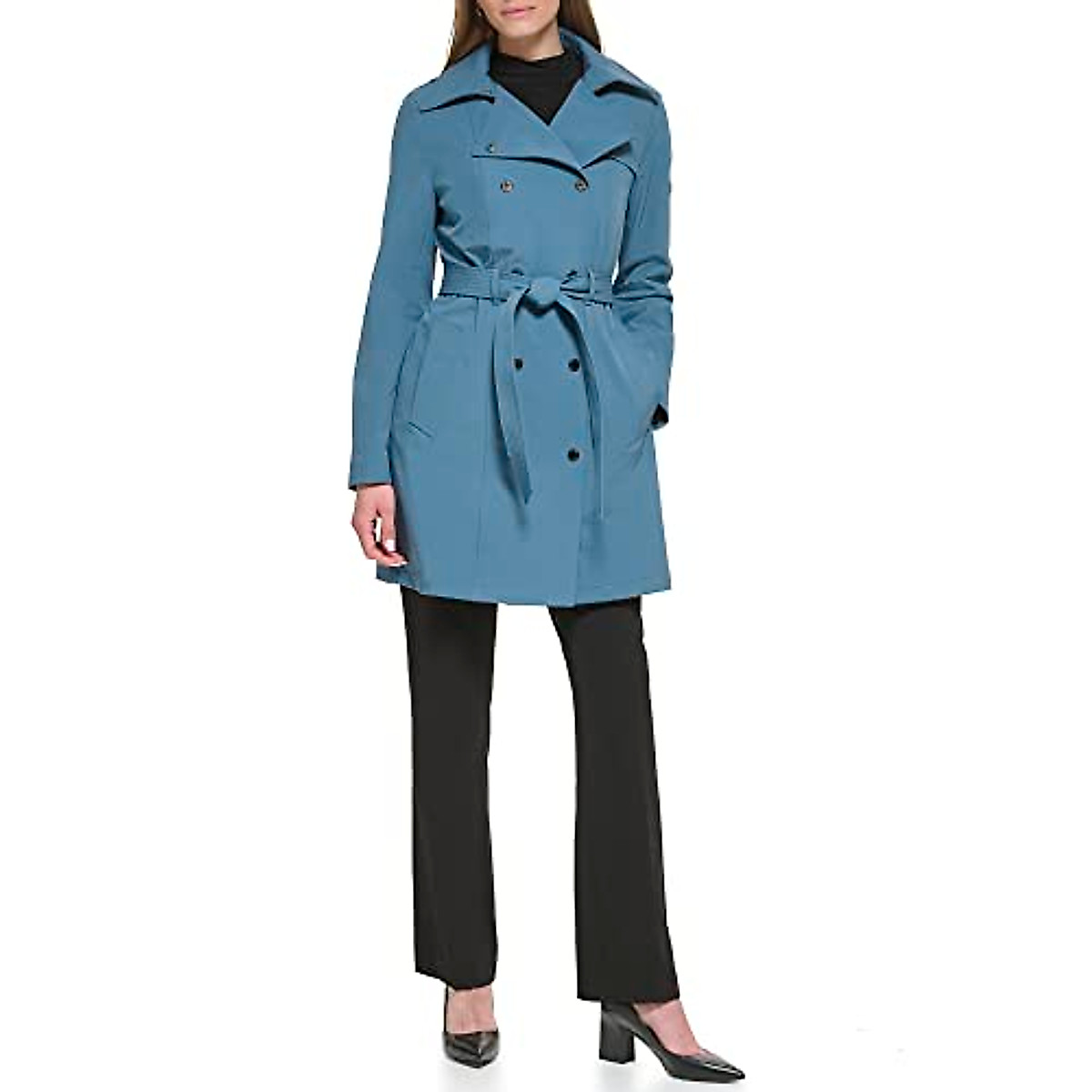 Calvin Klein Women's Double Breasted Belted Rain Jacket With Removable Hood, Oasis Teal, X-Large