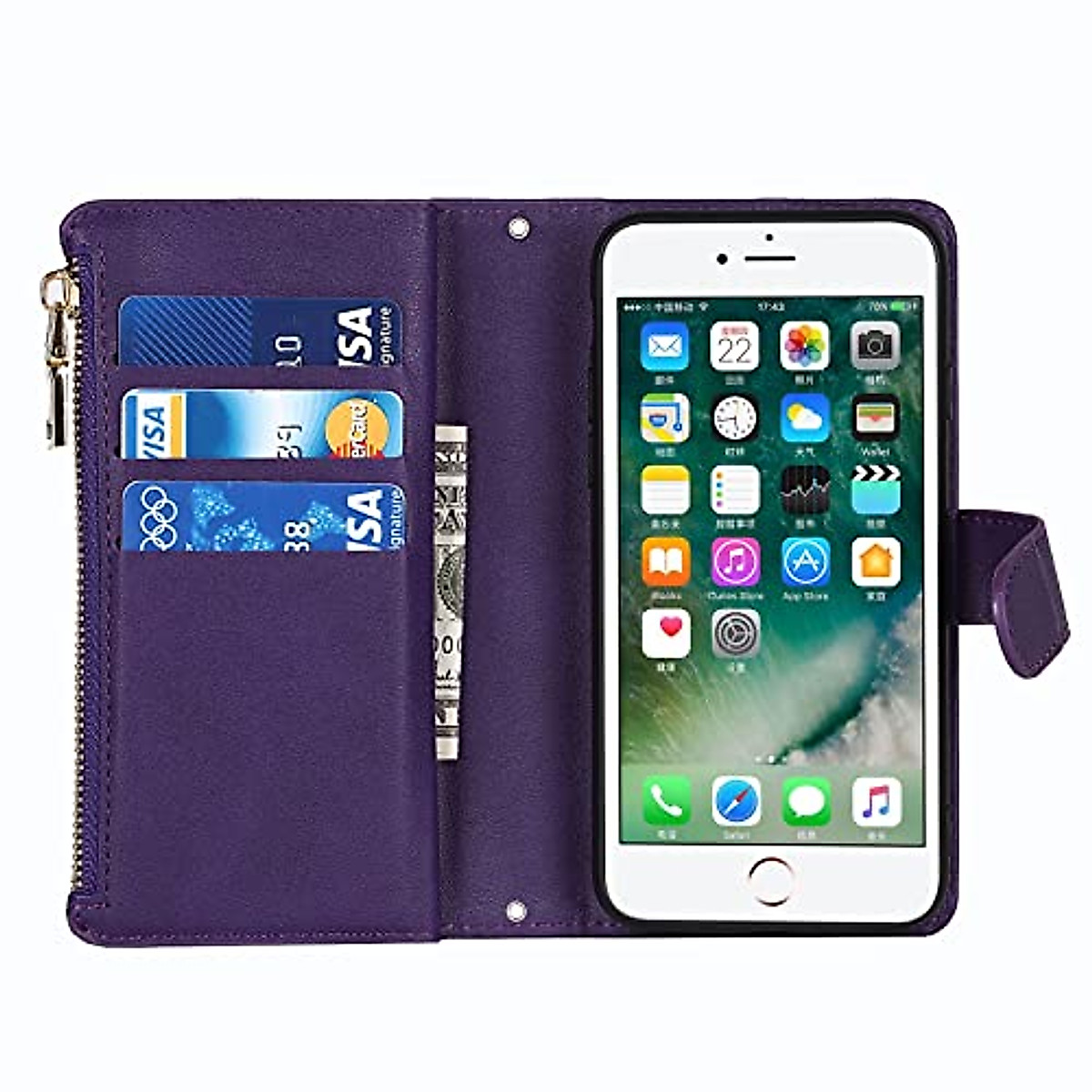 Jaorty iPhone SE 2022/SE 2020/iPhone 8/iPhone 7 Phone Case Wallet for Women Men with Card Holder,iPhone SE 2022 Crossbody Case with Strap Shoulder Lanyard,Zipper Pocket PU Leather Cases,4.7" Purple