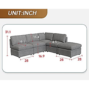 FDW Modular Sectional Sofa Couch,L Shaped Sofa Couch Convertible Sofa 4-Seat Sofa with Ottoman for Living Room Bedroom Office,Gray